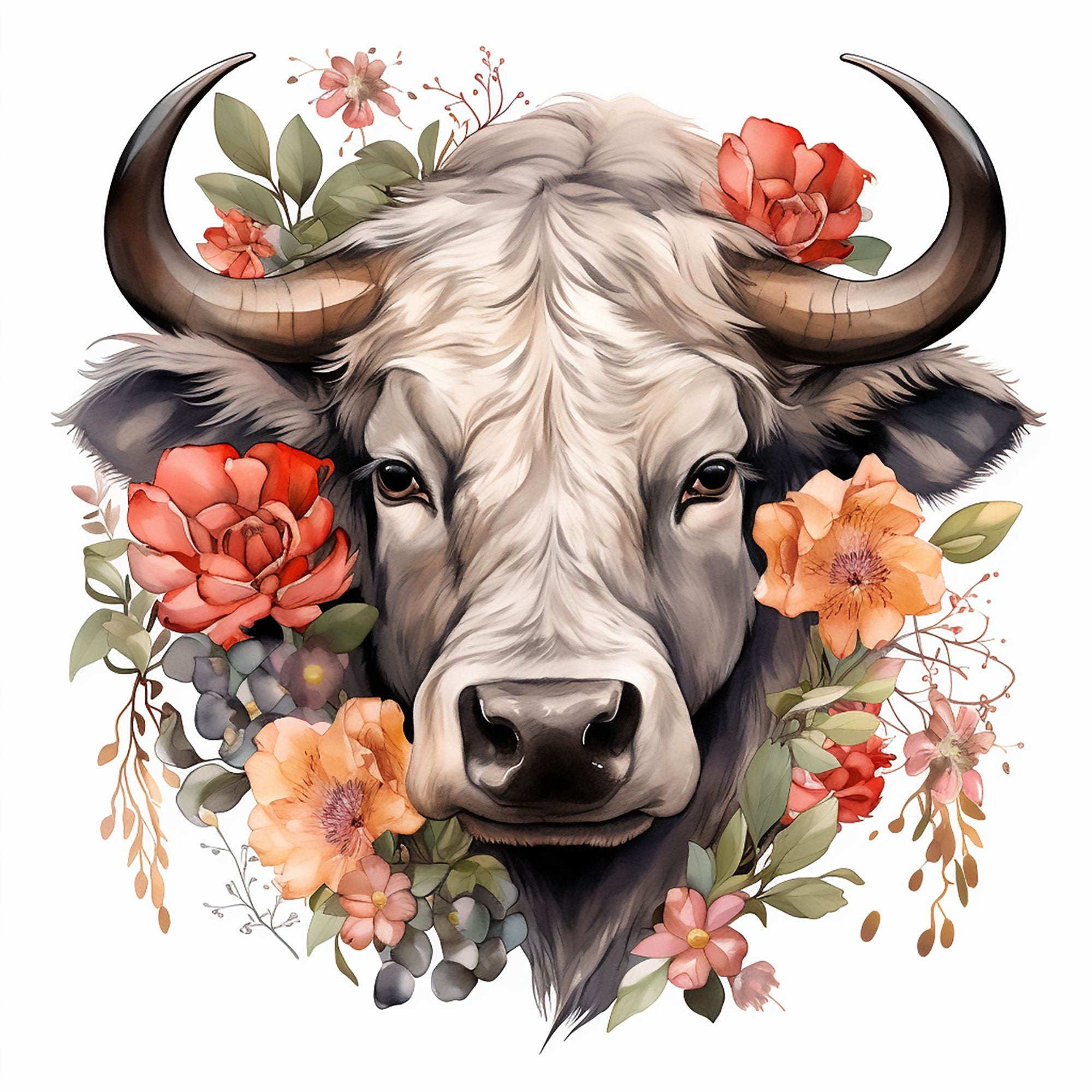 Floral Water Buffalo Clipart Bundle: Artistic PNG Images (digital ...