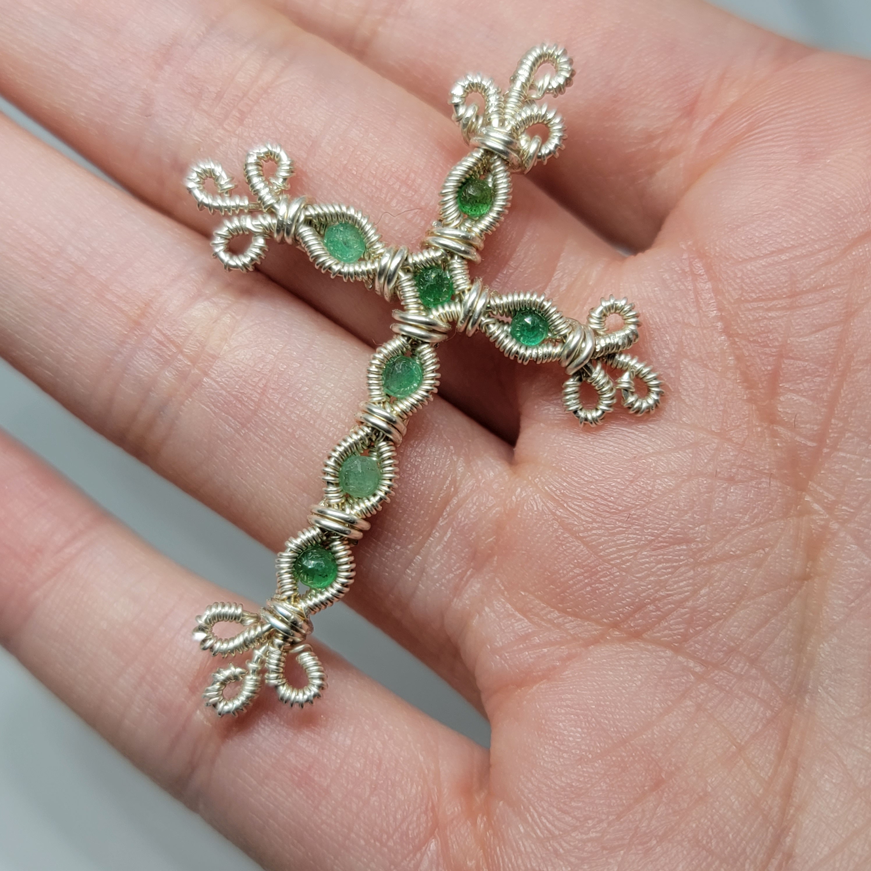 Silver Wire Wrap Cross Pendant With Colombian Emerald Facets - Etsy