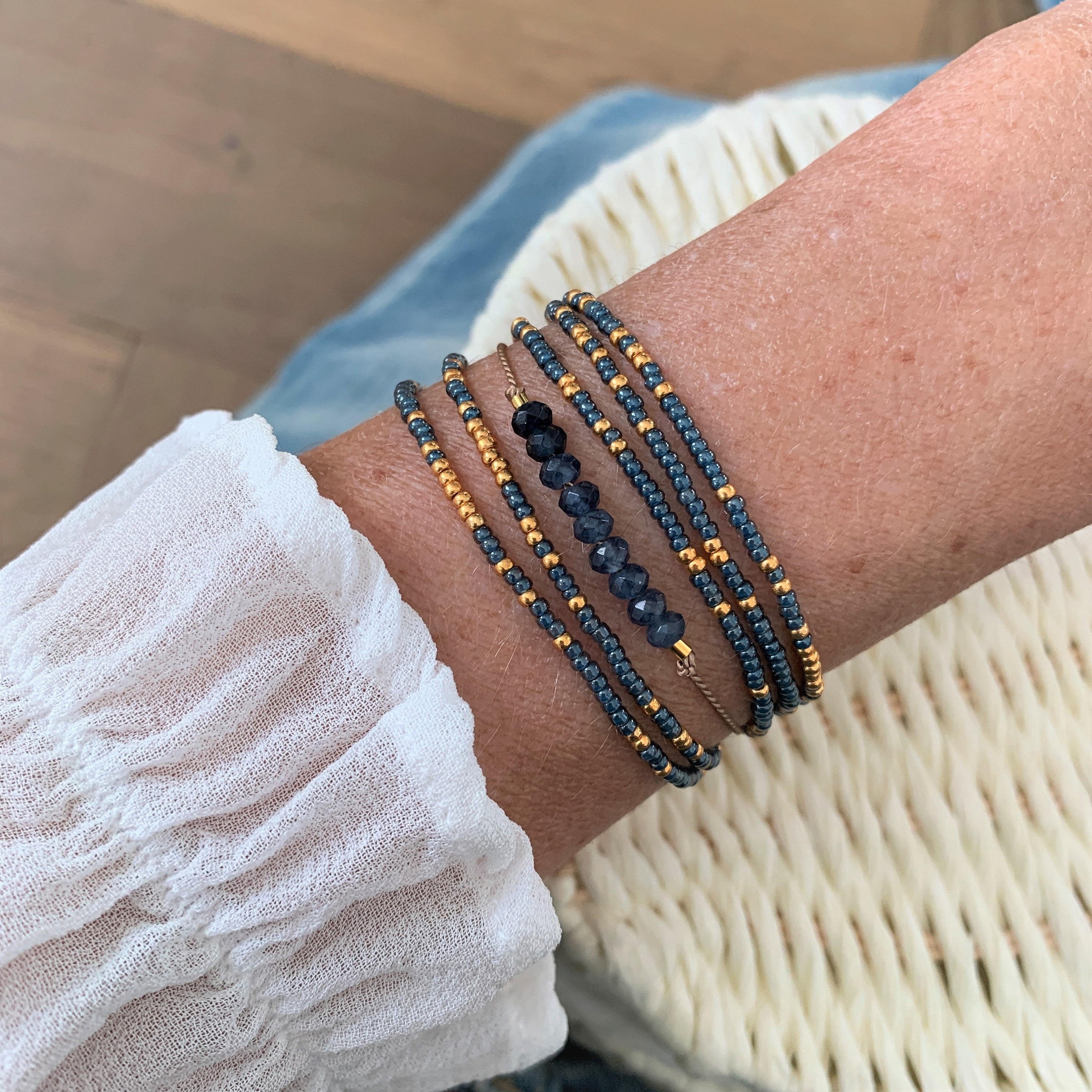 Set of Two Bracelets in Blue and Gold, 5 Wrap Bracelet and a Silk ...
