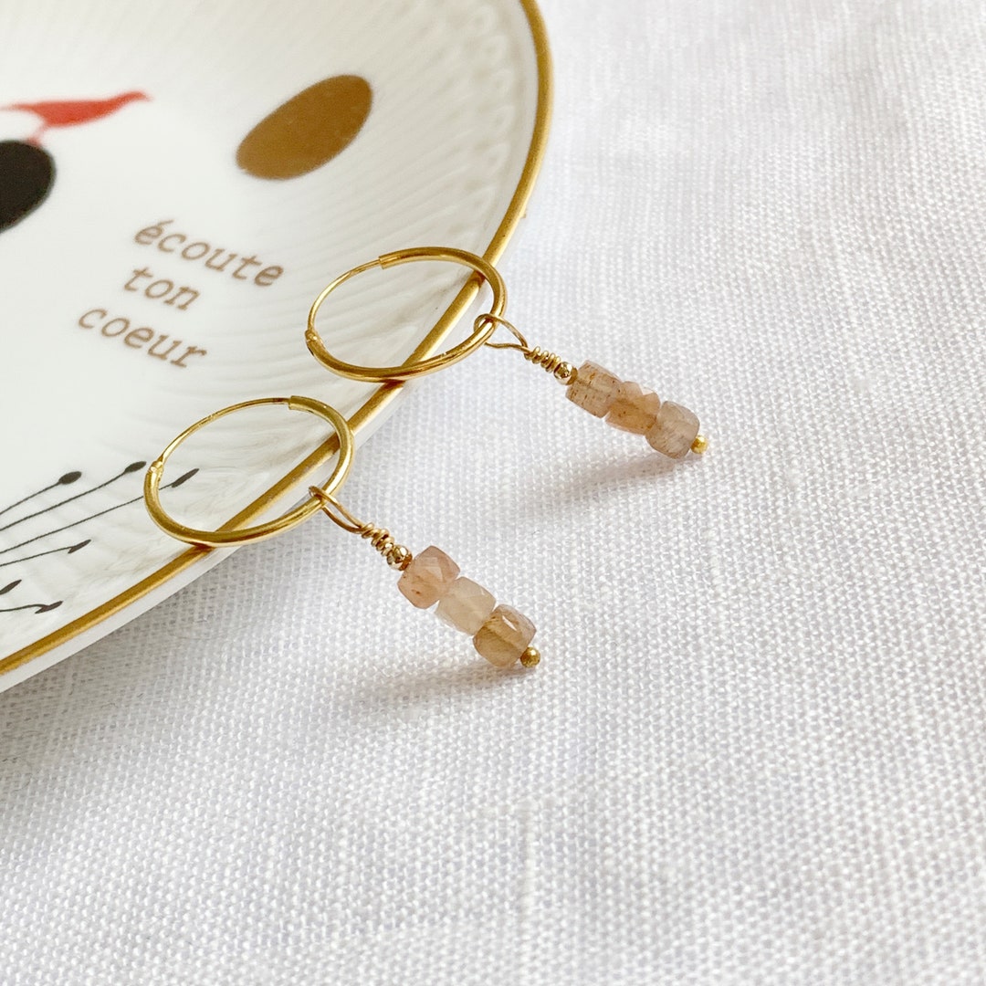 Small Gold Earrings With Sunstone Charm, Gift for Her, Hoops With ...