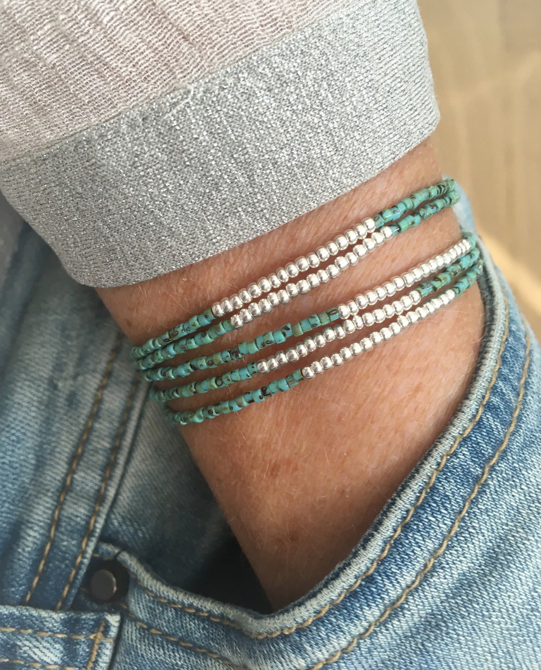 5 Wraps Stretch Bracelet in Silver and Turquoise, Boho Chic Wrap ...