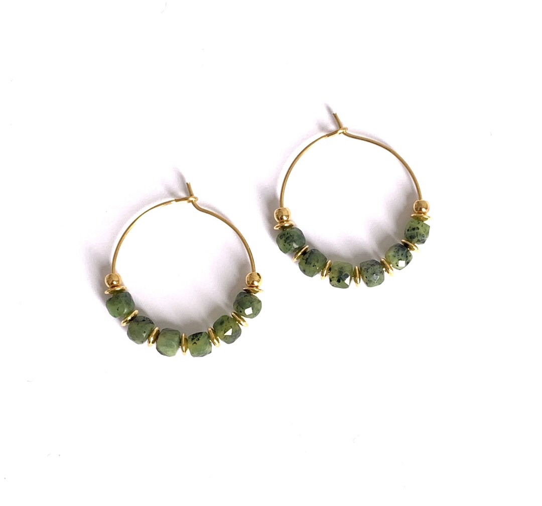 Green Canedian Jade Hoops, Gold Plated Stainless Steel Hoops 25 Mm With ...