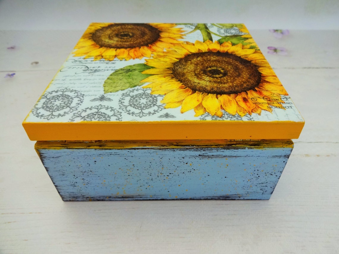 Sunflower Blue Rustic Tea Bag Box - Etsy