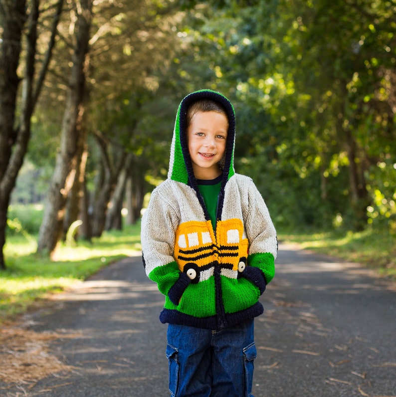 School Bus Wool Sweater With Hoodie and Pockets. Boy's Yellow Bus ...