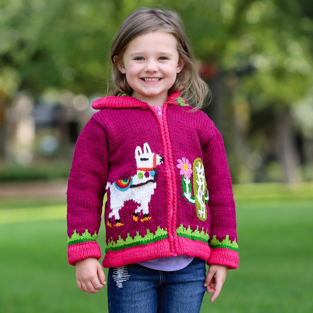 Handmade Wool Girls' Llama Sweater: Knit Hoodie With Pockets - Etsy