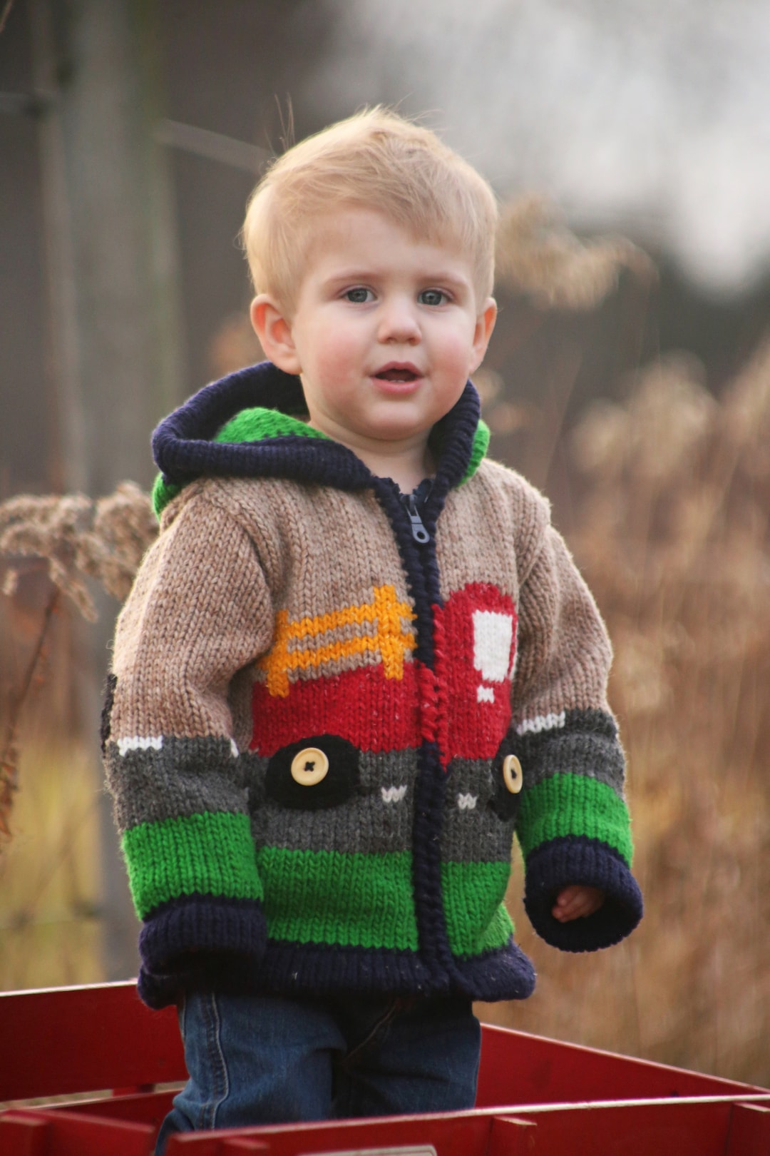 Red Vintage Farm Truck Wool Boy Jacket With Hoodie and Pockets. Red ...