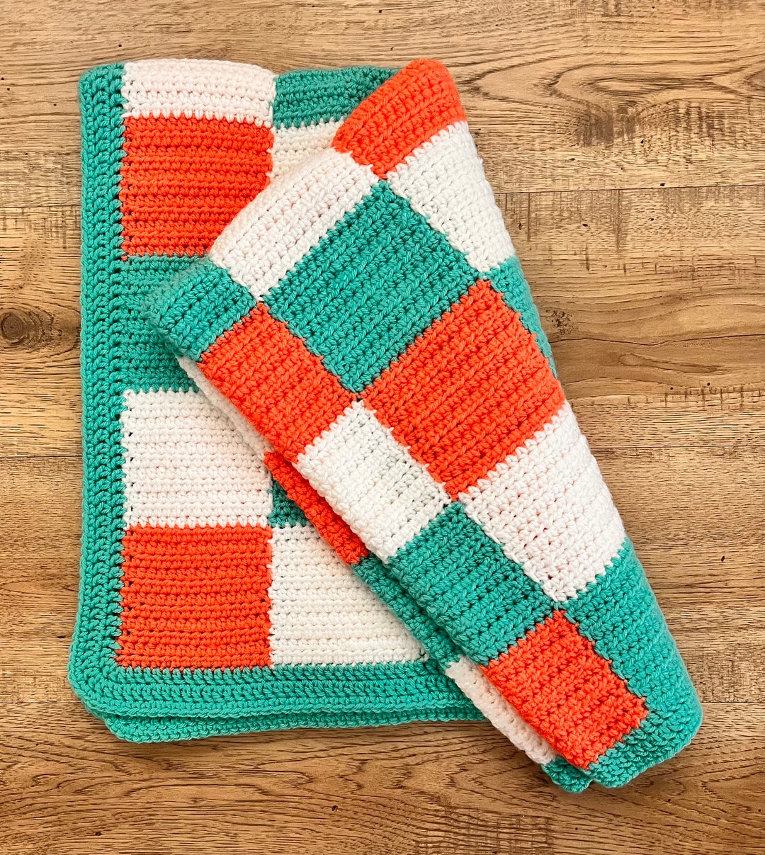Crochet Teal, Orange, White Baby Blanket - Unisex Baby Blanket ...