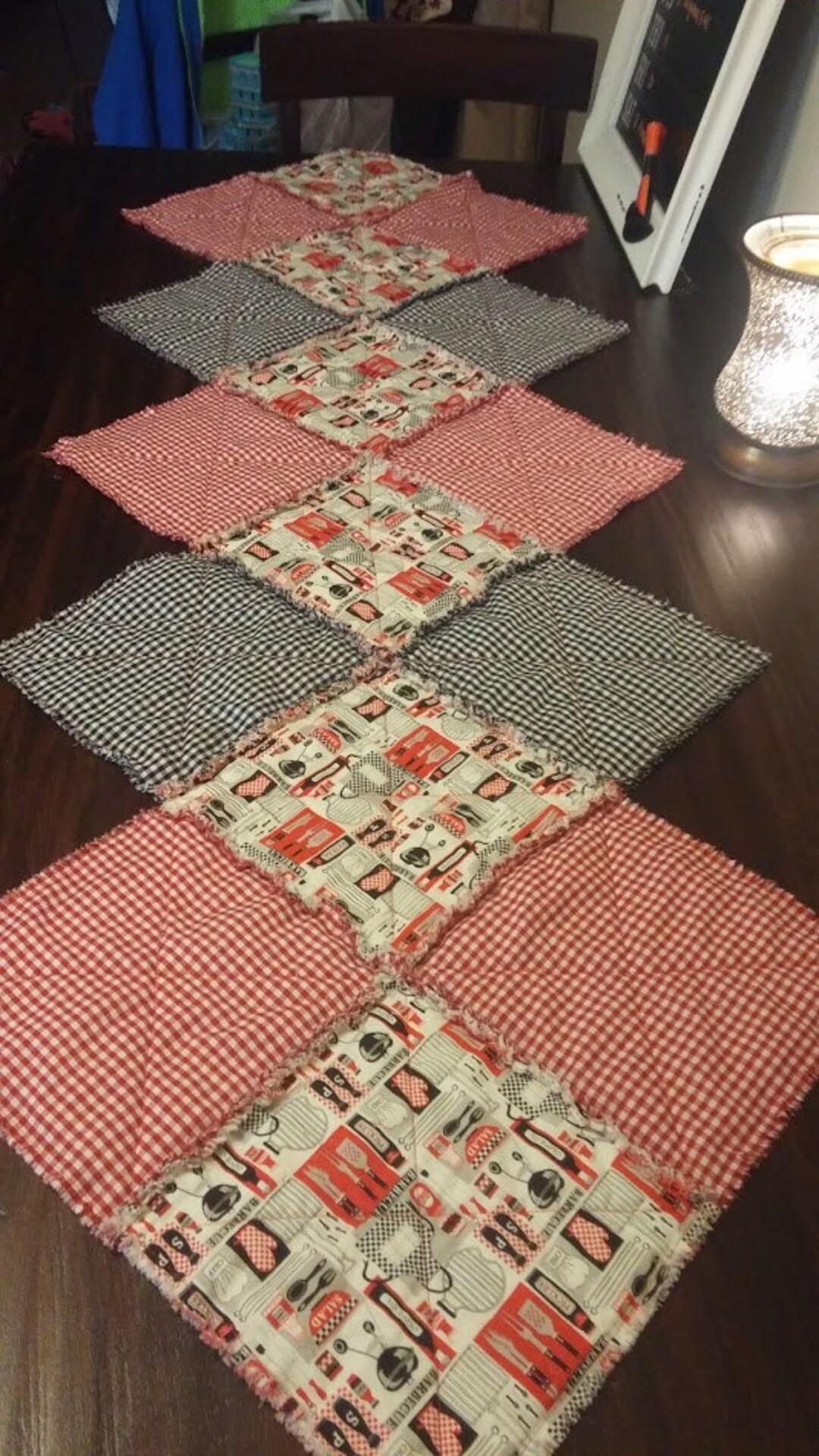Rag Quilt Table Runner - Quilted BBQ, Red, White, Black, Gingham ...