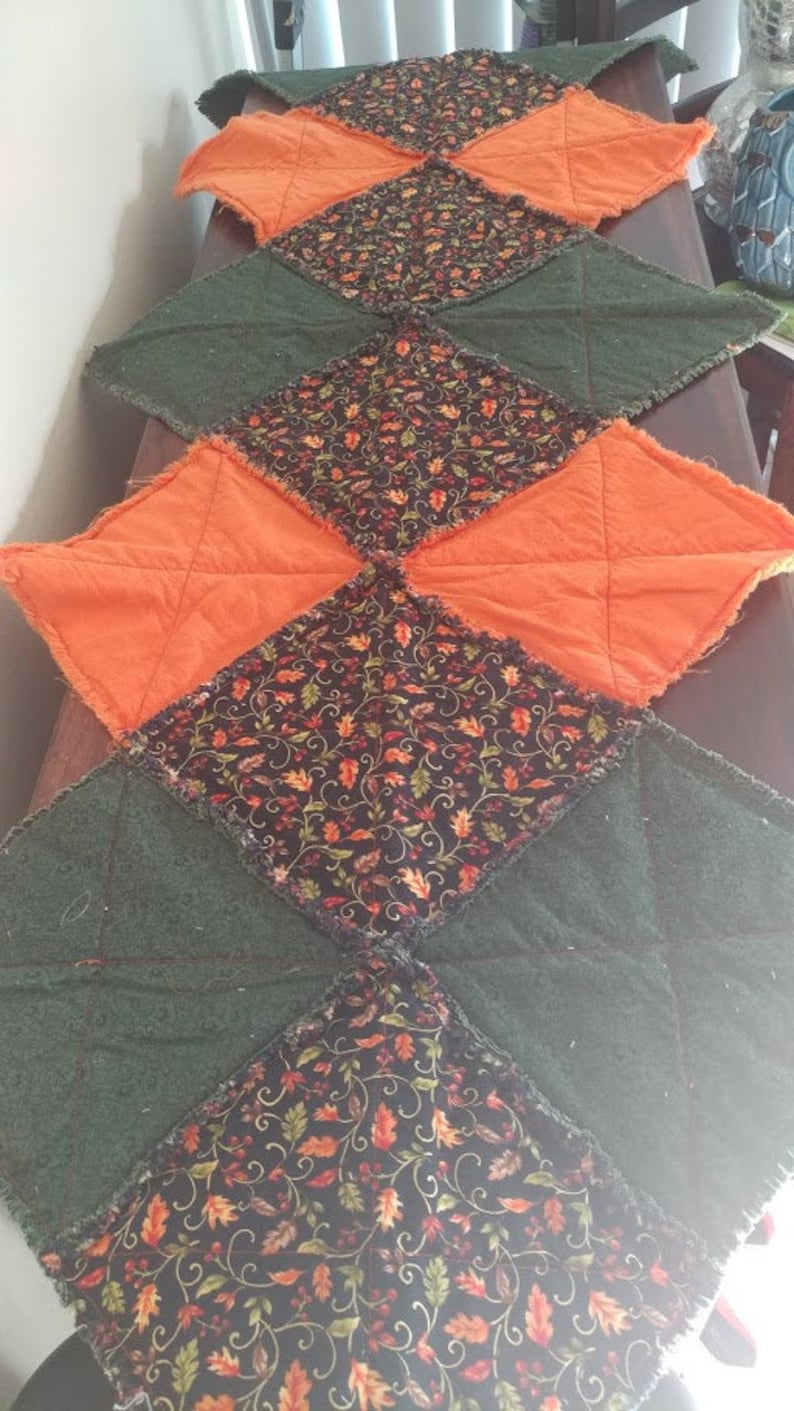Rag Quilt Table Runner - Fall, Harvest, Green, Oranges, Leaves, Autumn ...