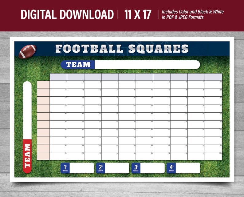 Football Squares - 100 Squares - 11x17 - Etsy
