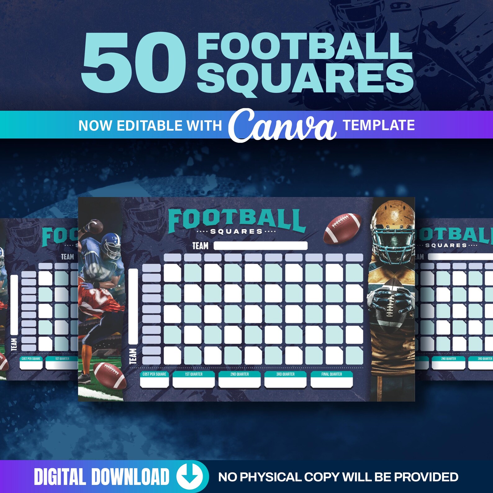 Football Squares - 50 Squares - 8.5x14 - D3 - Etsy