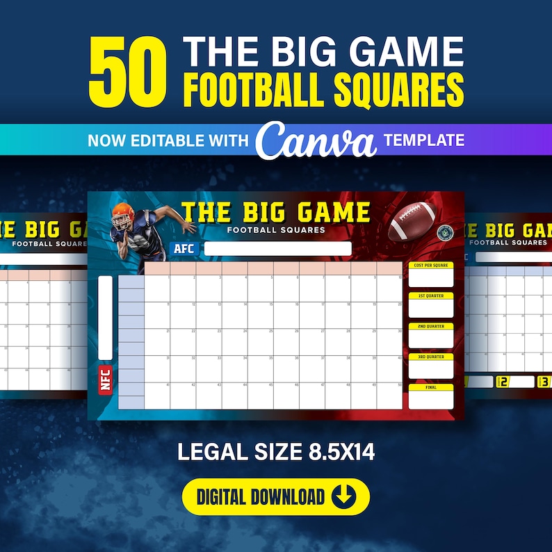 The Big Game - 50 Football Squares - 8.5x14 - AFC Vs NFC - Etsy