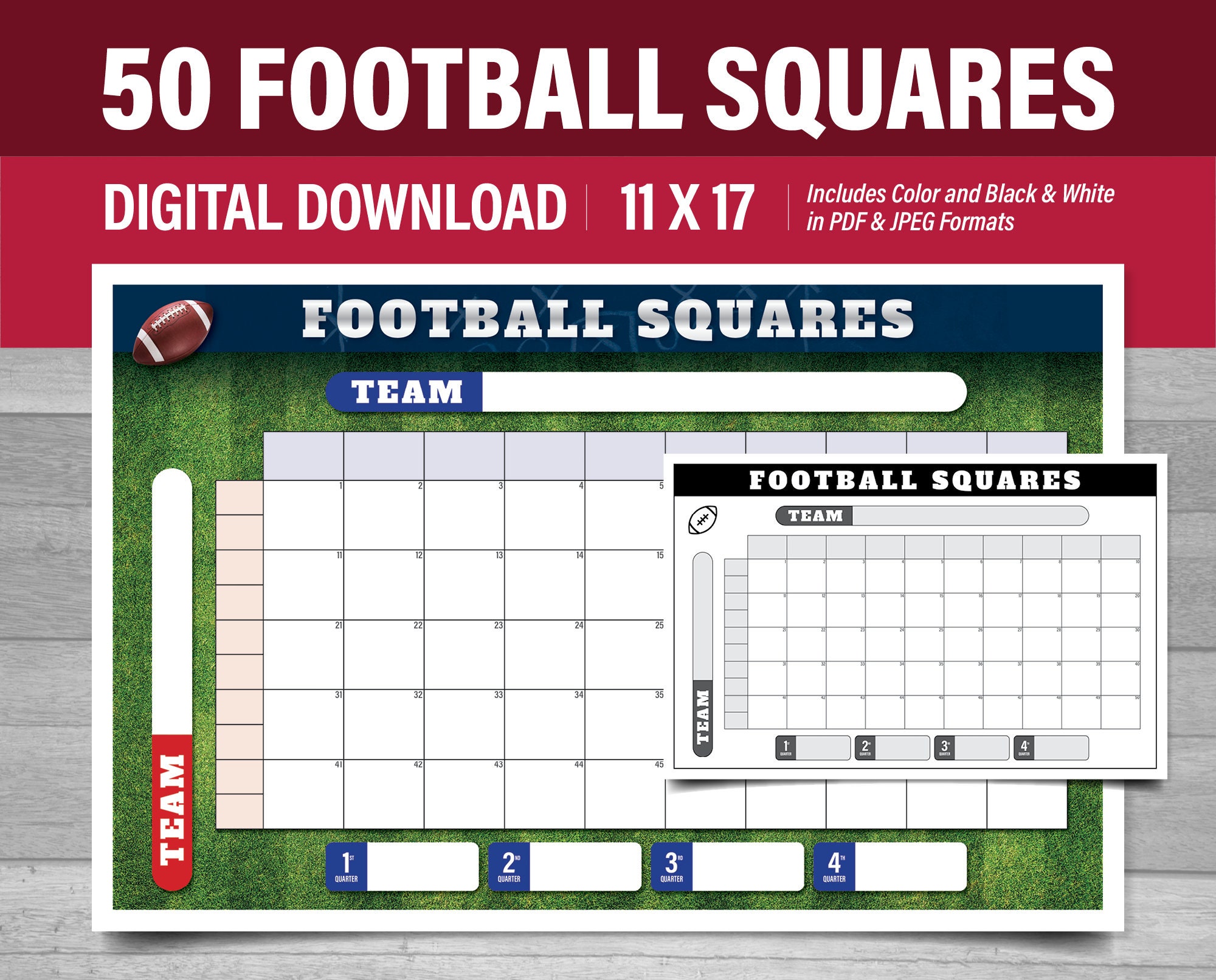 Football Squares - 50 Squares - 11x17 - Etsy