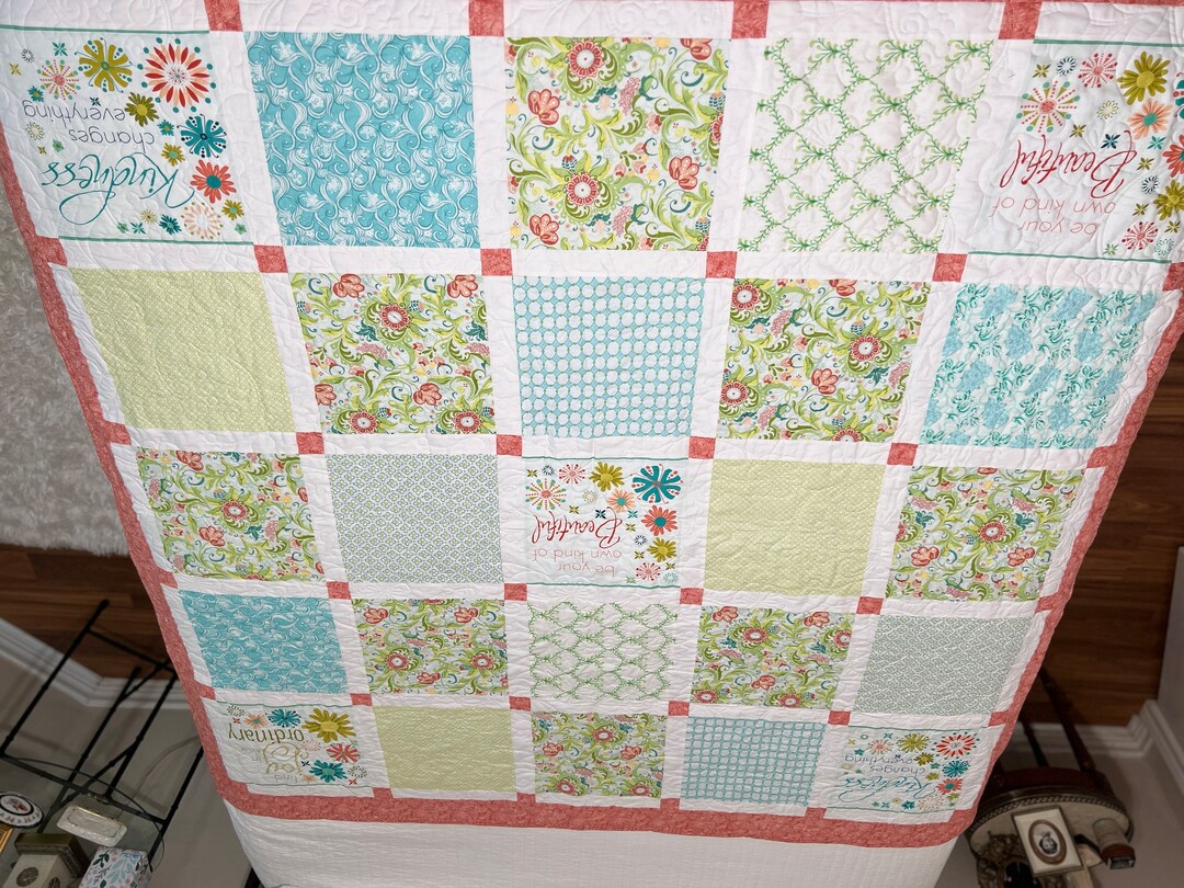 Encouraging Phrases Handmade Quilt: Floral Cotton, Teal Minky Back ...