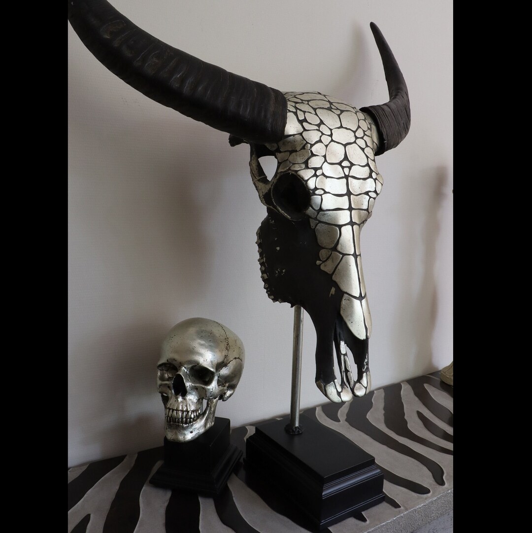 Real Buffalo Skull on Pedestal, Buffalo Skull Decorated Metalized ...