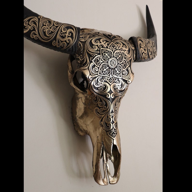 Decorated Real Buffalo Skull, Real Skull and Horns, Orientic Mandala ...