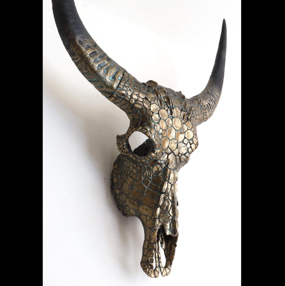 Real Animal Skull Hand Decorated, Longhorn Skull in Brass Metalic ...