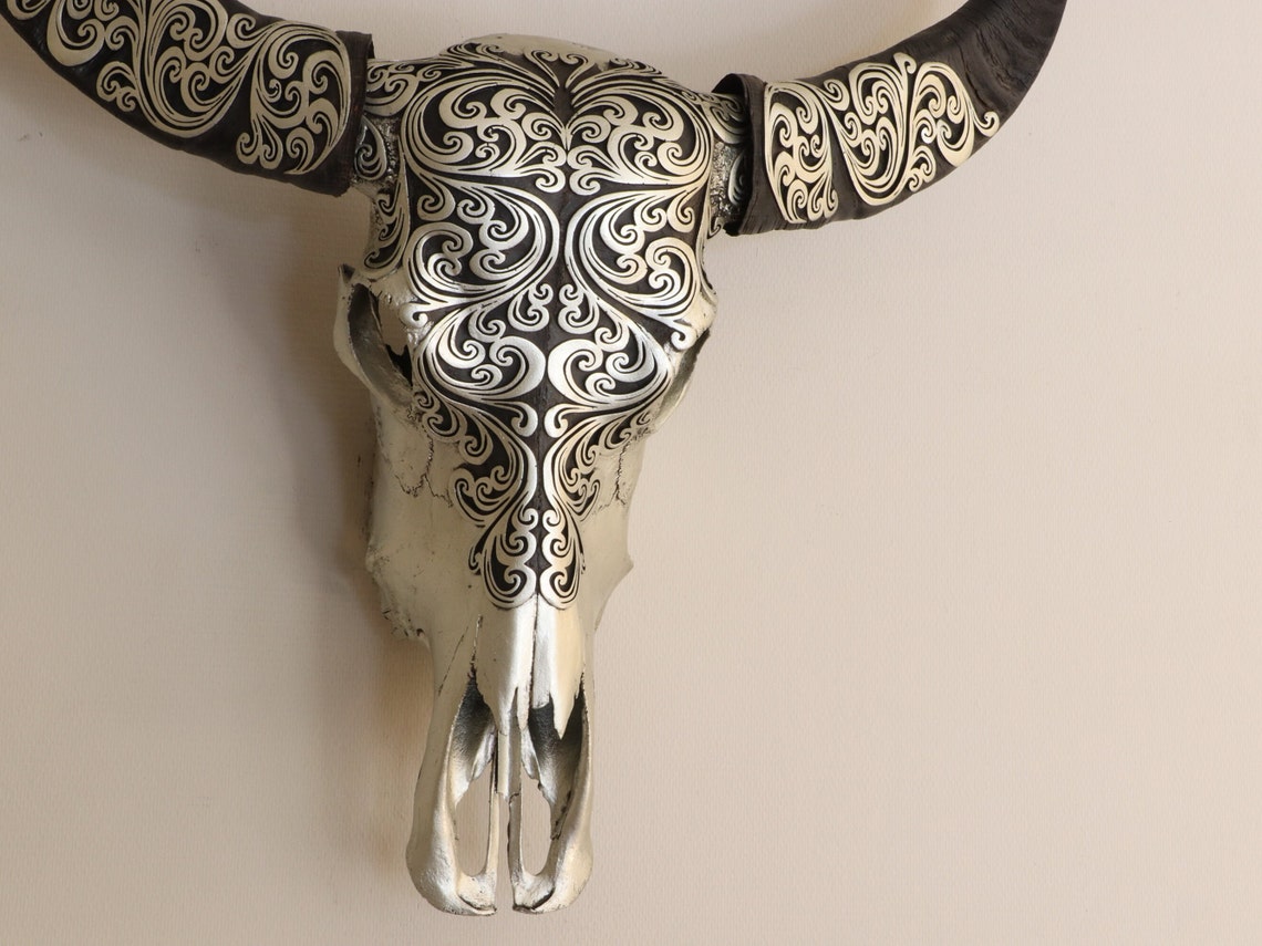 Decorated Buffalo Skull and Horns in Vintage Style Real Skull - Etsy