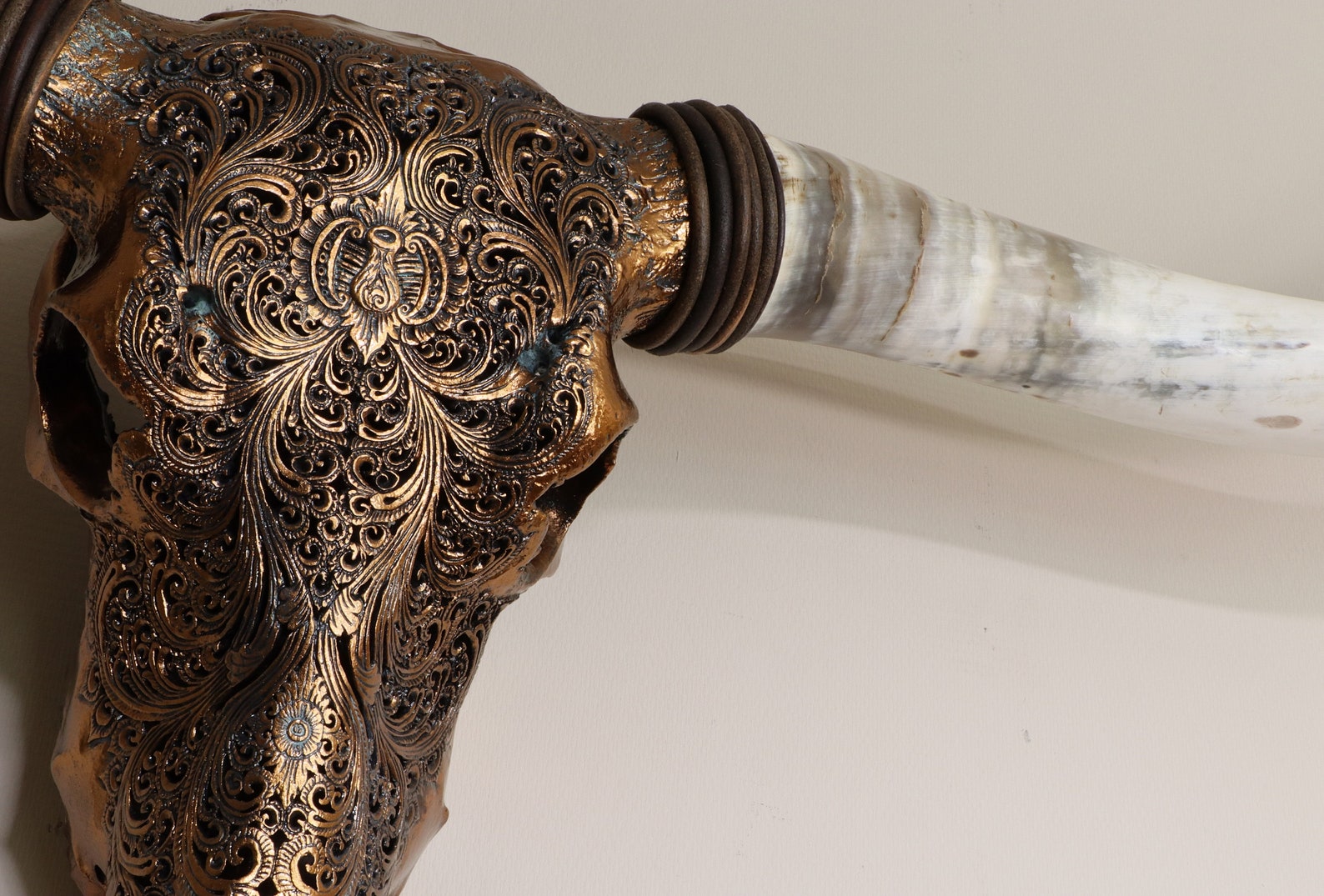 Large longhorn skull engraved and carved skull Rustic | Etsy