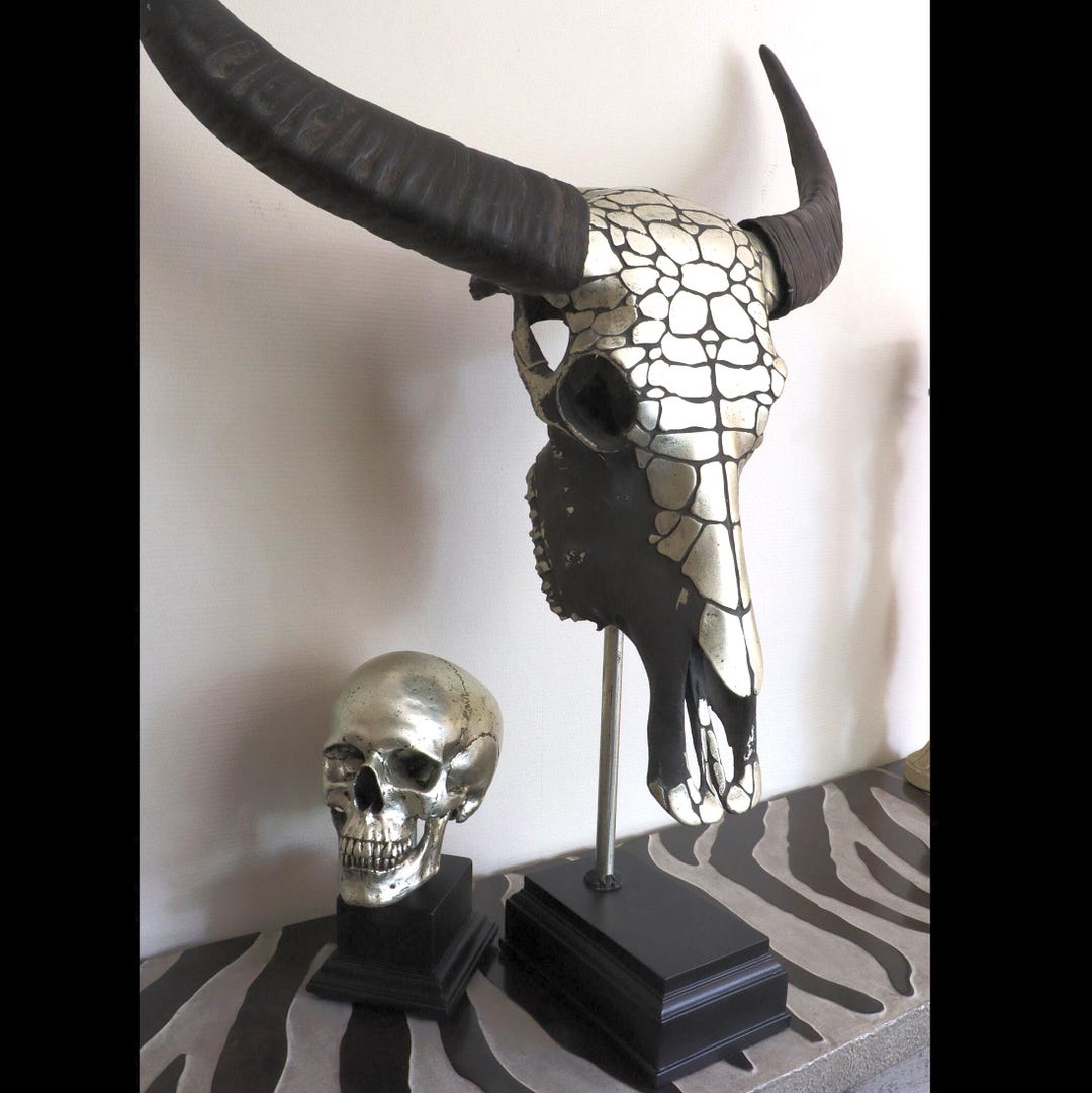 Real Buffalo Skull on Pedestal, Buffalo Skull Decorated Metalized ...
