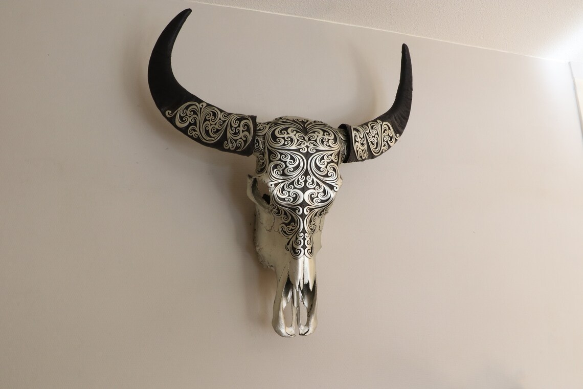 Decorated Buffalo Skull and Horns in Vintage Style Real Skull - Etsy