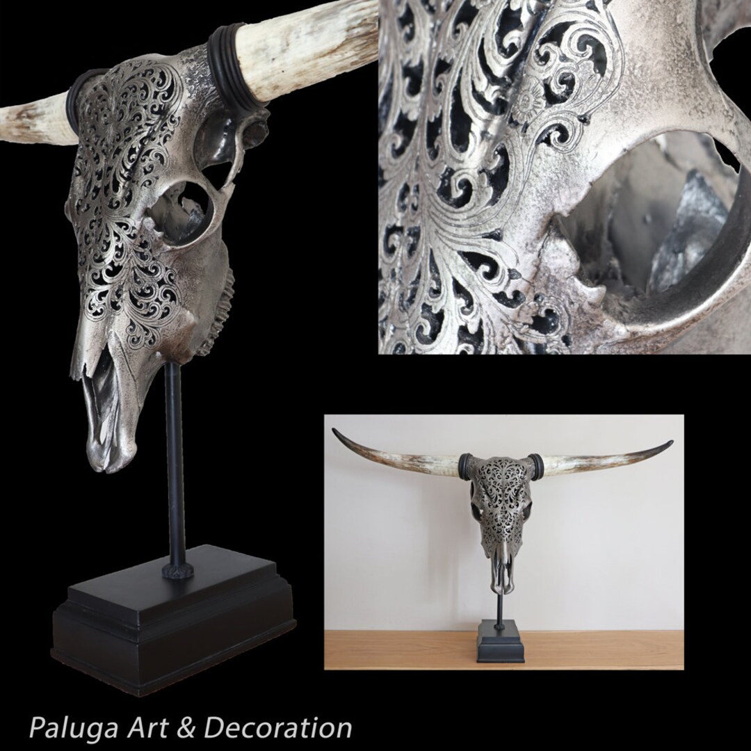 Cráneo de búfalo sobre pedestal, cráneo de toro tallado a mano, cráneo ...