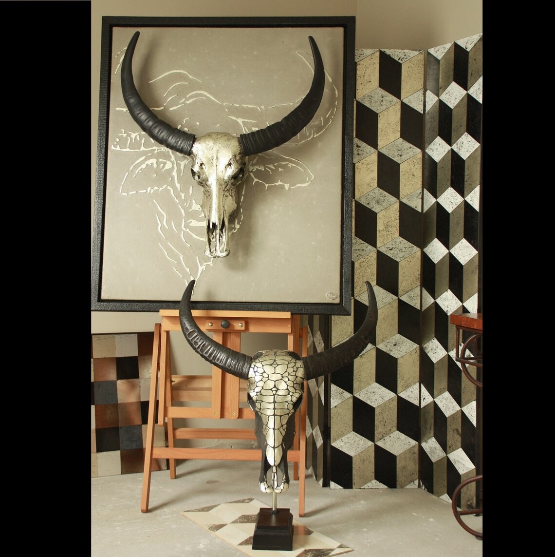 Buffaloskull in Pewter on Wall Panel With Silhouet, Unique Art Object ...