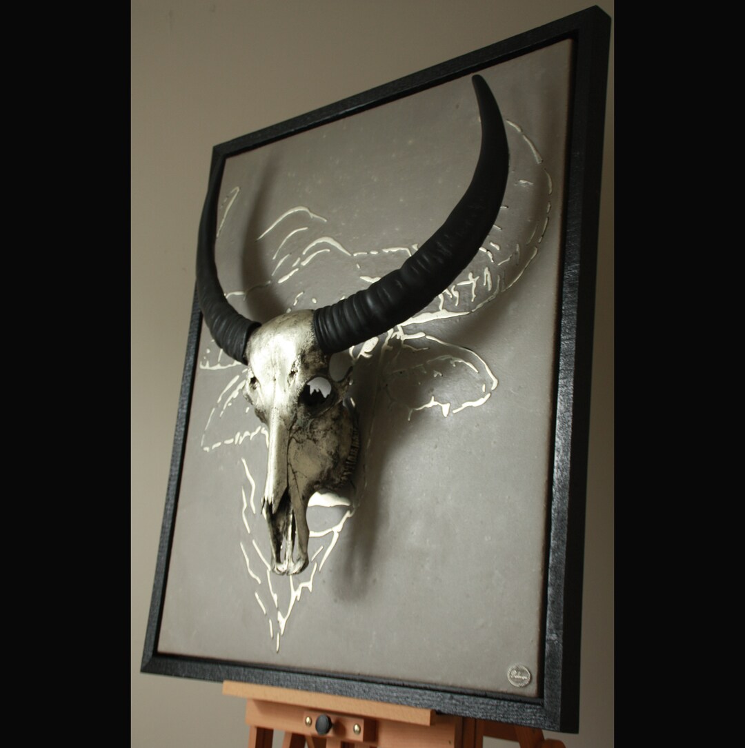 Buffaloskull in Pewter on Wall Panel With Silhouet, Unique Art Object, Steerskull on Board, Wall ...