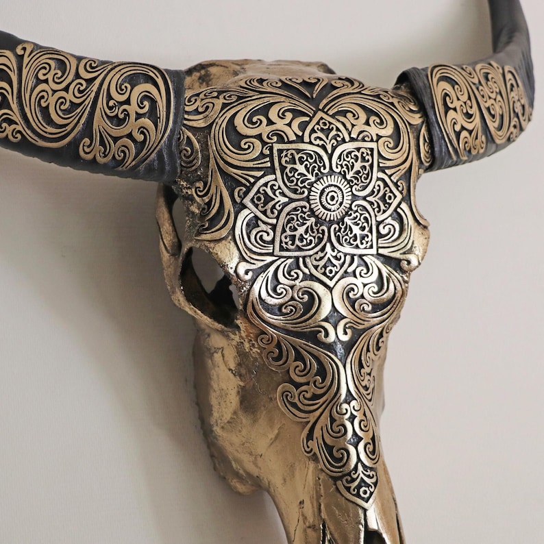 Decorated Real Buffalo Skull, Real Skull and Horns, Orientic Mandala ...