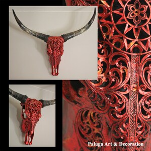 Longhorn Skull, Engraved Steer Skull, Real Skull in Red Metalic, Carved ...