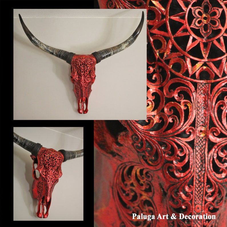 Walldecor Real Carved Longhornskull, Steer Skull in Red Metalic, Art ...