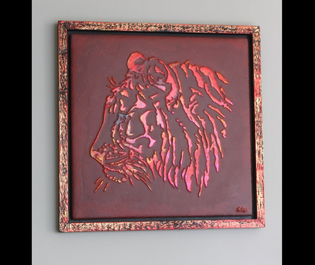 Tiger Wall Decor, Tiger Art on Wooden Panel, Tiger in Red Metalics on ...