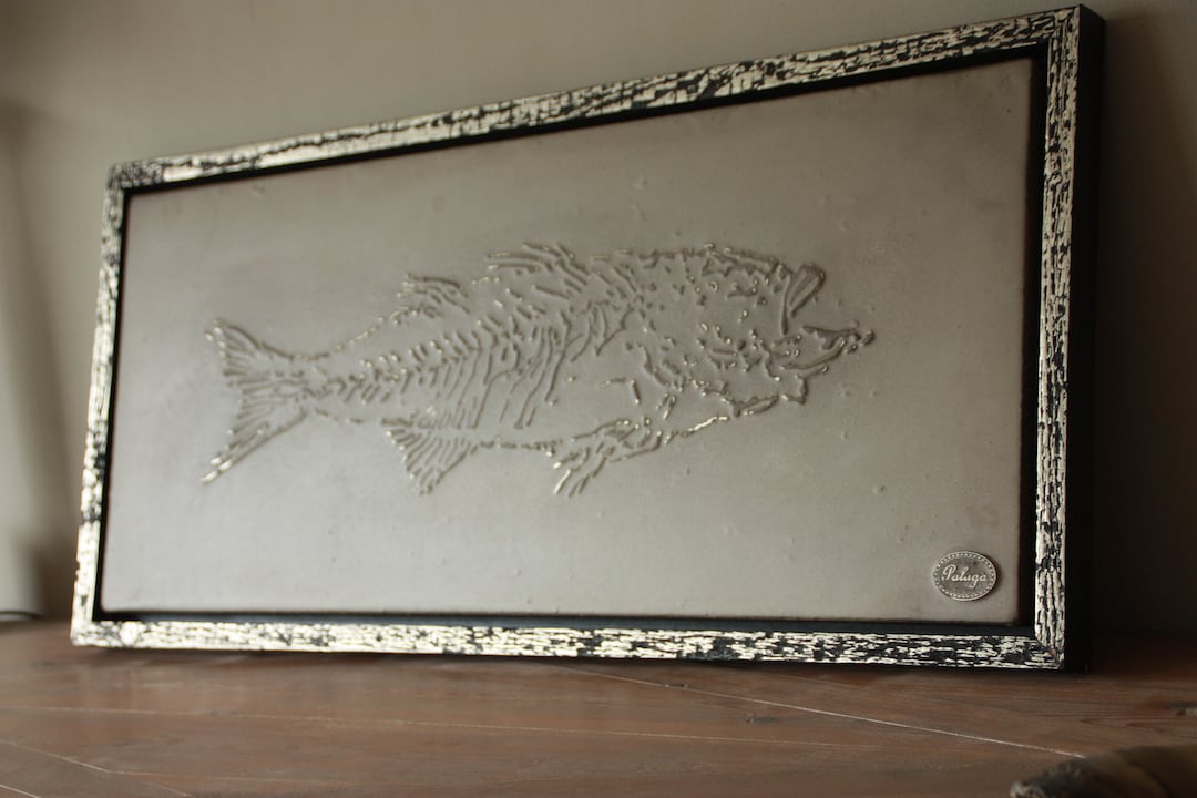 Fosil Art Fish on Board, Painting Wood Embossed, Stone Fish Embossed ...
