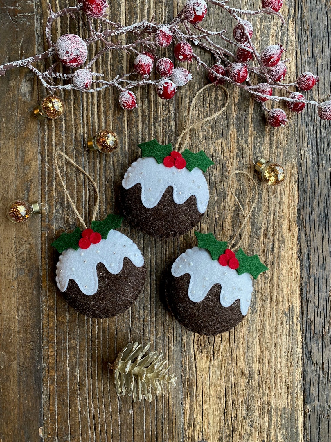 3x Christmas Pudding Tree Decorations, Set of 3, Hanging Ornaments ...