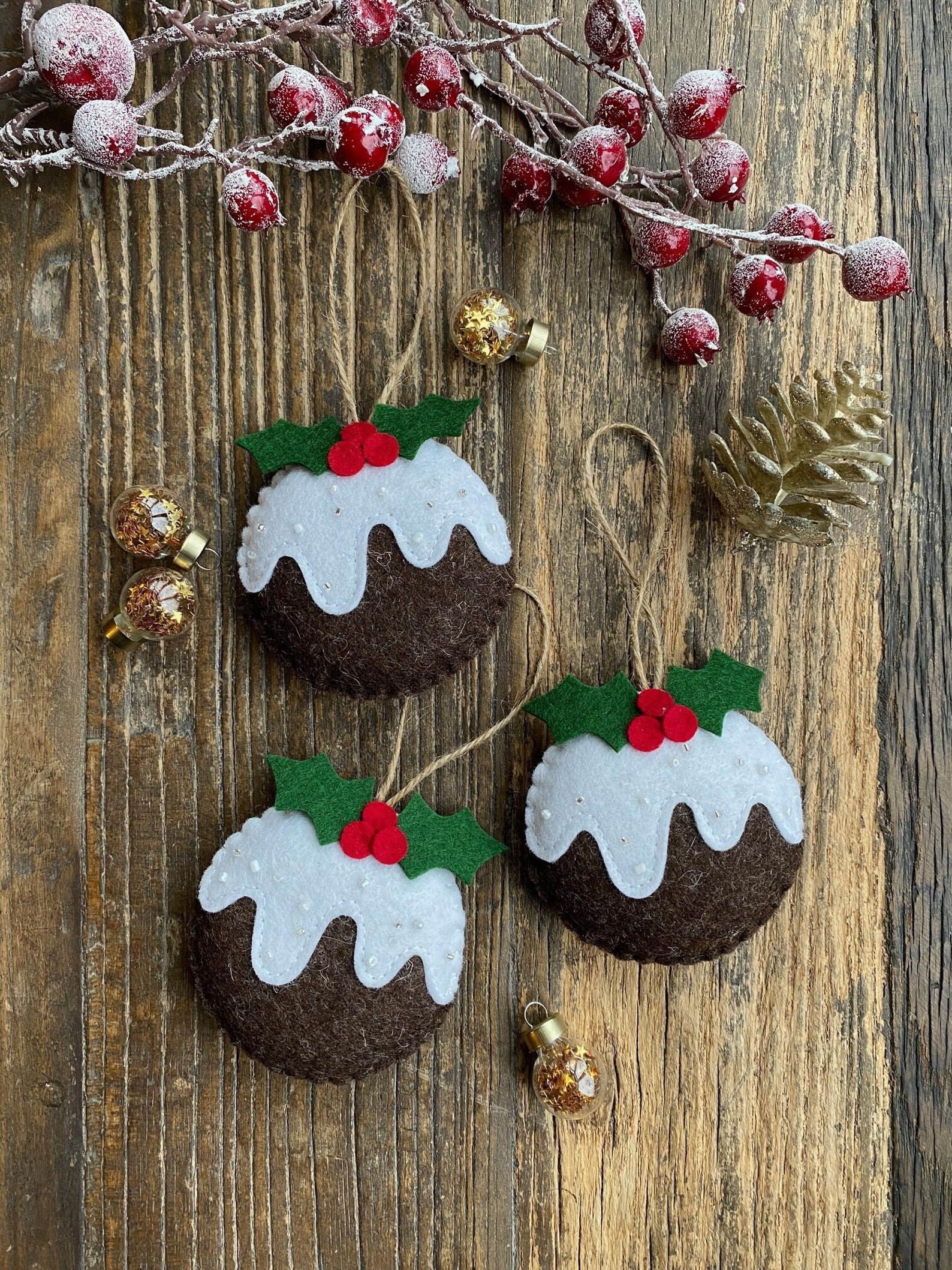 3x Christmas Pudding Tree Decorations, Set of 3, Hanging Ornaments ...