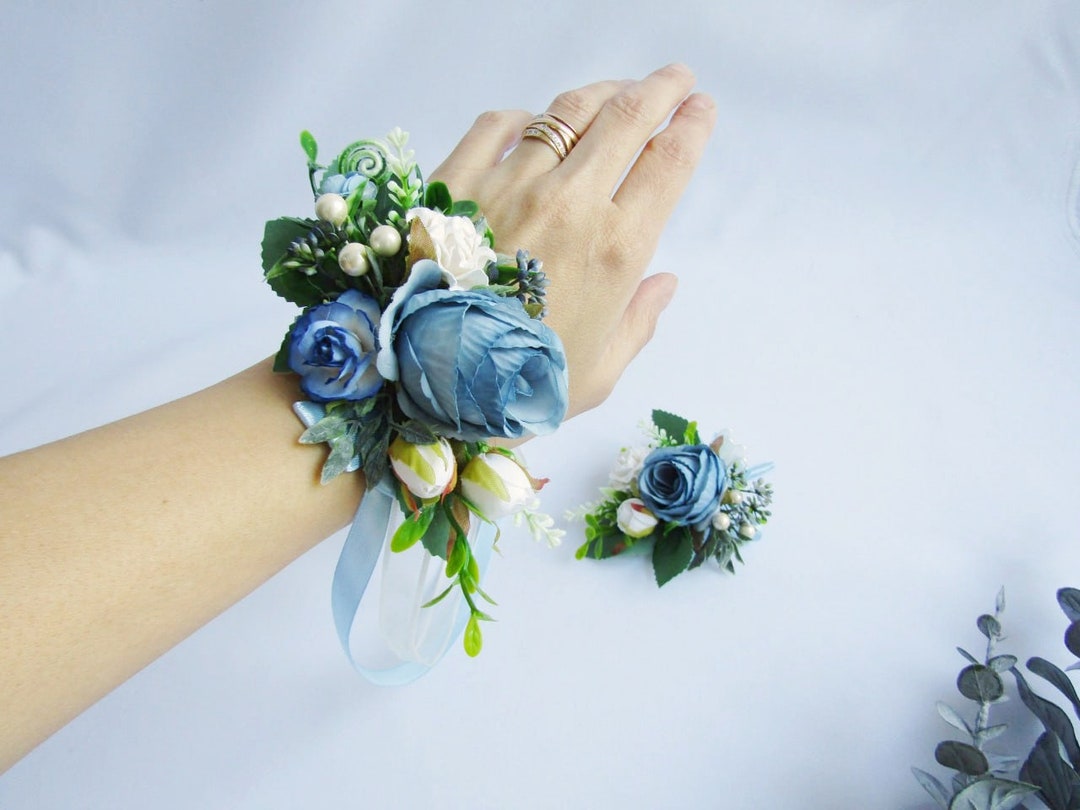 Dusty Blue Prom Corsage and Boutonniere Set, Mom Corsage, Wrist Wedding ...