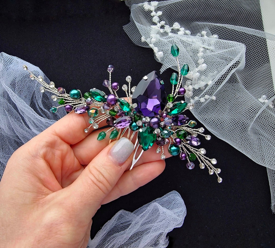 Purple Hair Comb Emerald Bridal Hair Comb Green Crystal Hair Comb ...