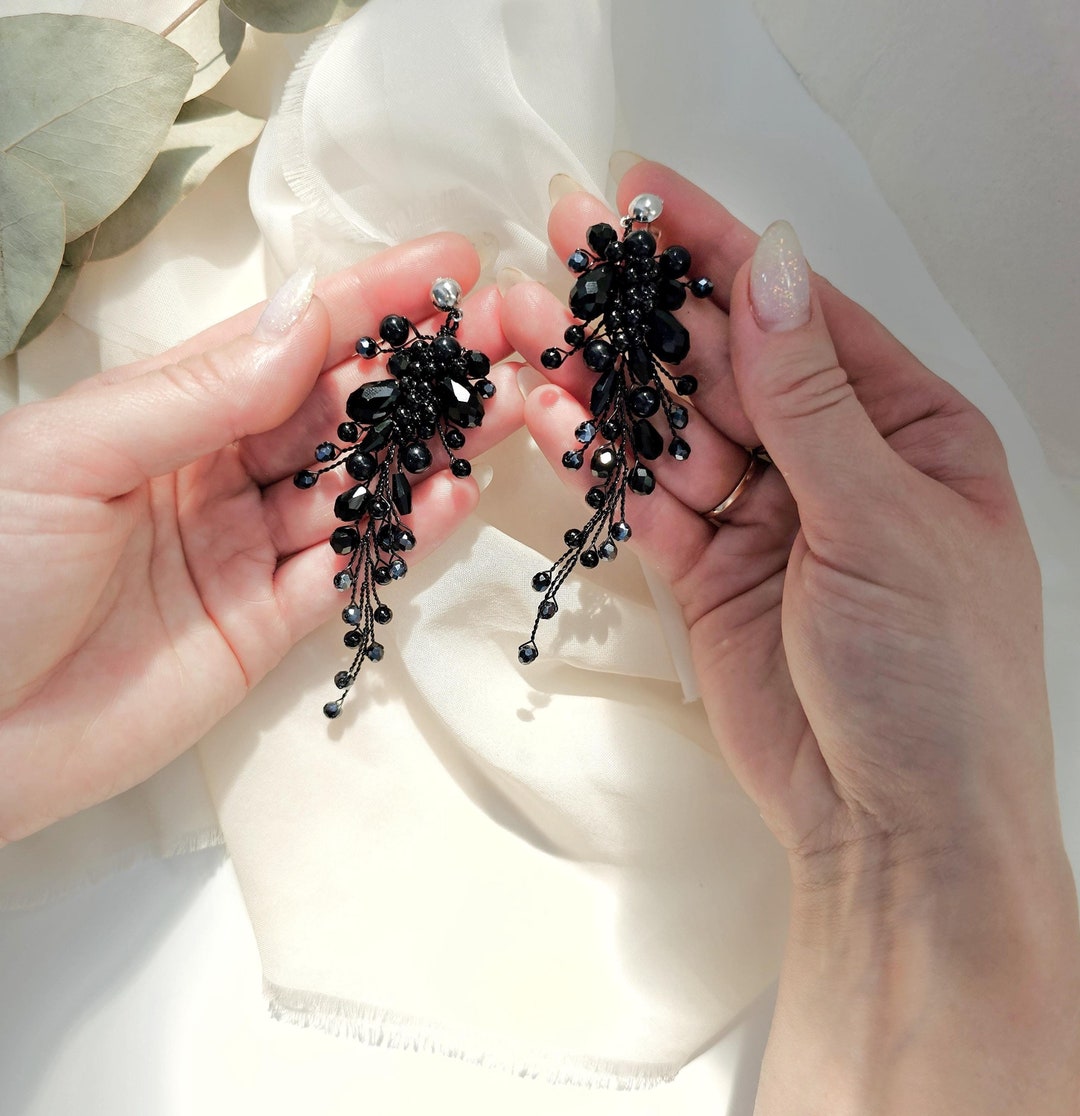 Long Black Earrings, Black Dangle Earrings, Black Rhinestone Earrings ...