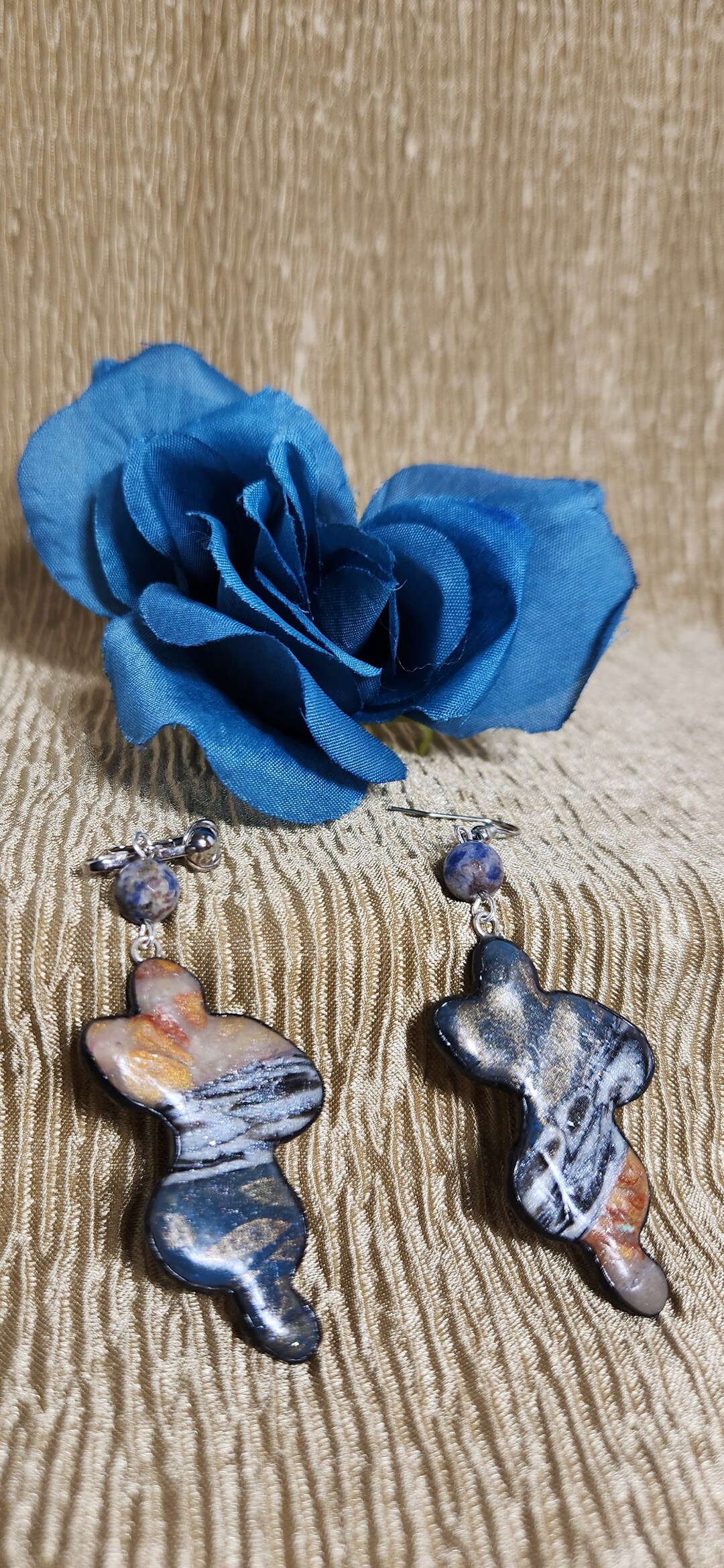 Abstract Clay Dangle Earrings: Gold, Black, Blue, White - 3 Inch - Etsy
