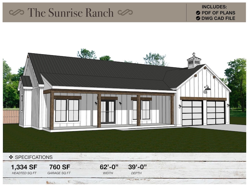 1,334 SQ FT Ranch House, 62'-0" X 39'-0", Ranch Floor Plans, Modern ...