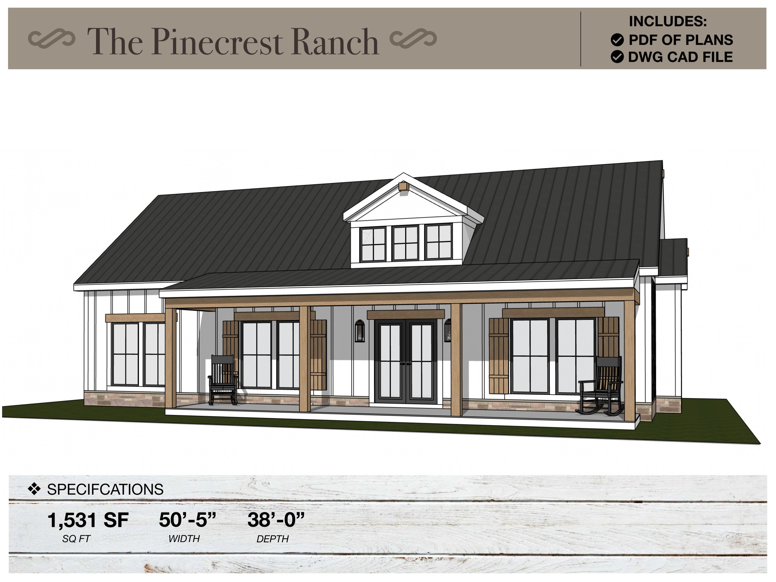 1,531 SQ FT Ranch House, 50'-5" X 38'-0", Cottage Floor Plans, Modern ...