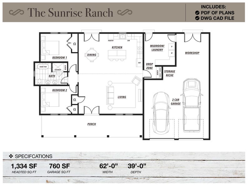 1,334 SQ FT Ranch House, 62'-0" X 39'-0", Ranch Floor Plans, Modern ...