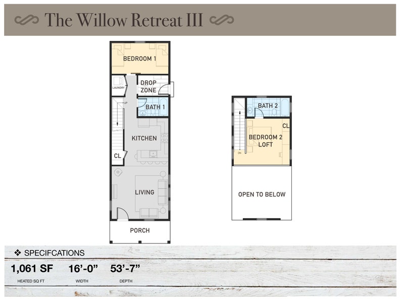 1,061 SQFT Tiny House Plans, 16'x53'-7", House Plans, Modern Farmhouse, Architectural Floor ...