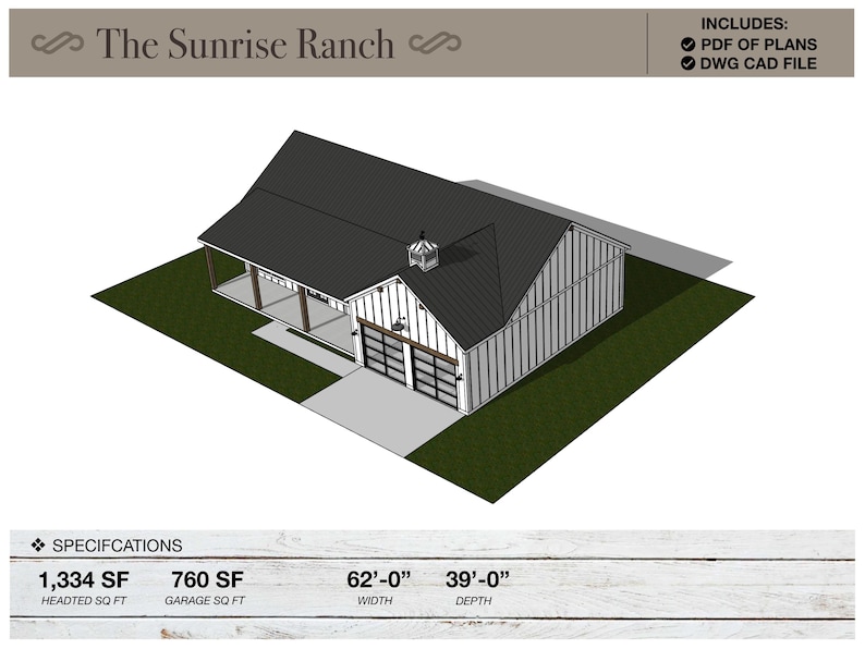 1,334 SQ FT Ranch House, 62'-0" X 39'-0", Ranch Floor Plans, Modern ...