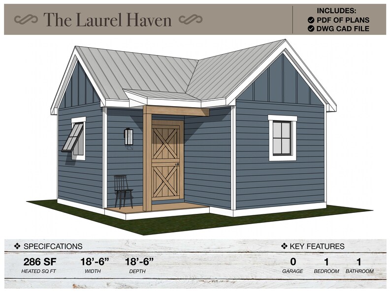 286 SQ FT, 18'-6" X 18'-6", Tiny House Plans, Bunkie, Architectural ...