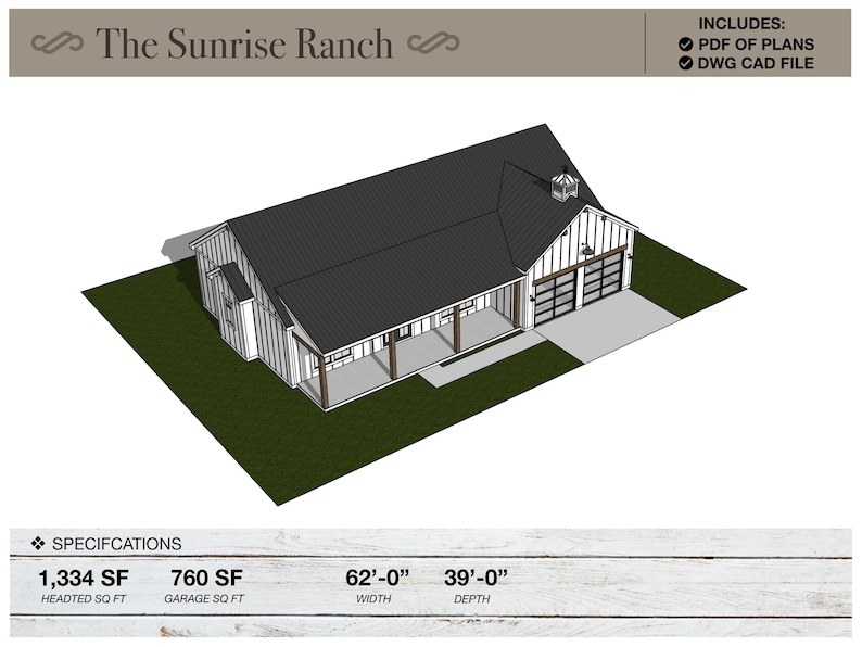 1,334 SQ FT Ranch House, 62'-0" X 39'-0", Ranch Floor Plans, Modern ...