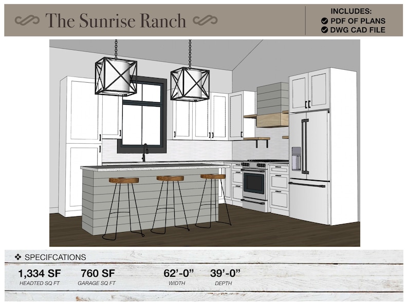 1,334 SQ FT Ranch House, 62'-0" X 39'-0", Ranch Floor Plans, Modern ...