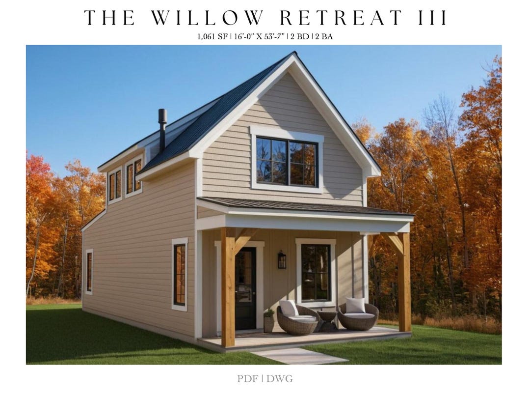 1,061 SQFT Tiny House Plans, 16'x53'-7", House Plans, Modern Farmhouse, Architectural Floor ...