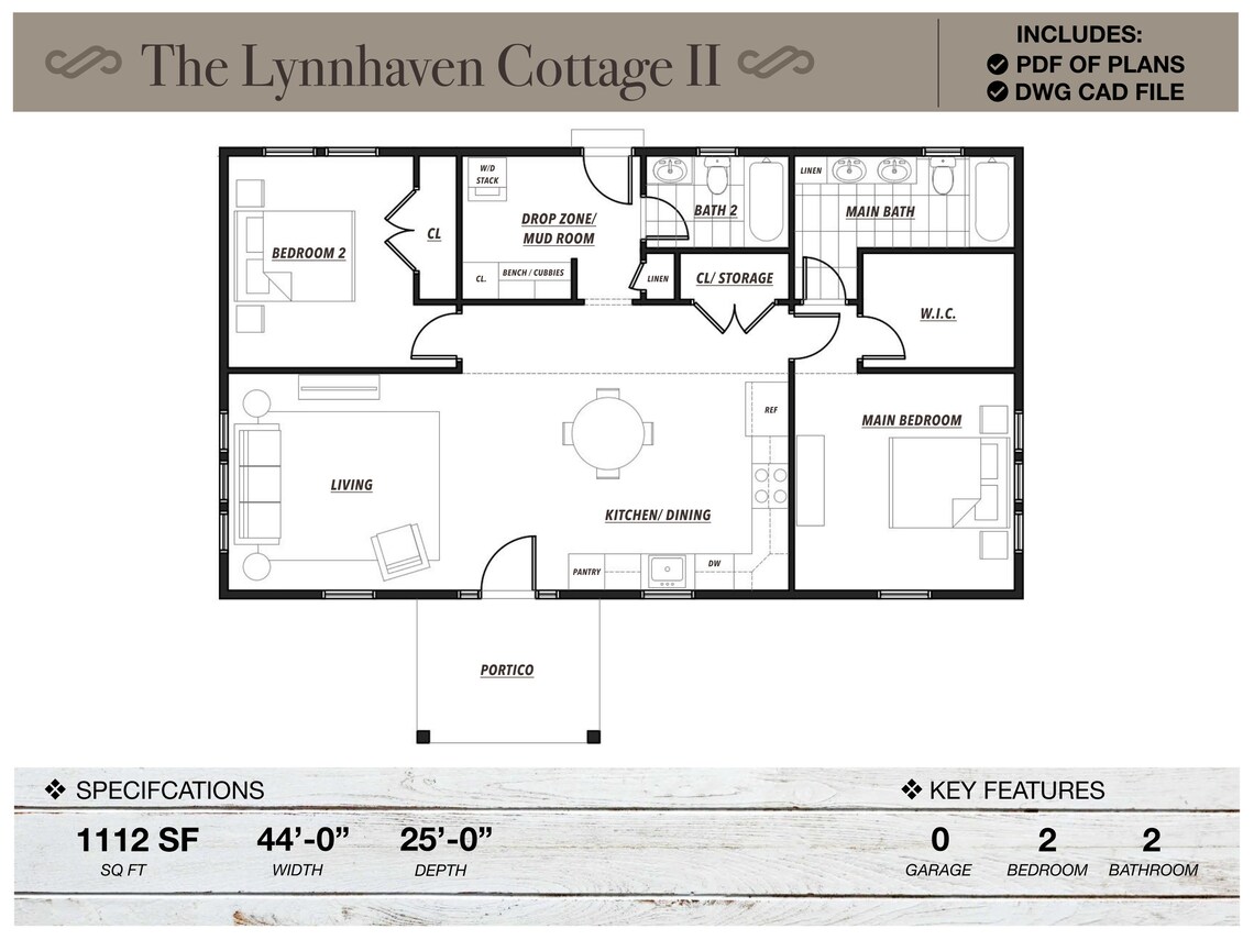 1,112 SQ FT Ranch House, 44'-0" X 25'-0", Floor Plans, Architectural ...