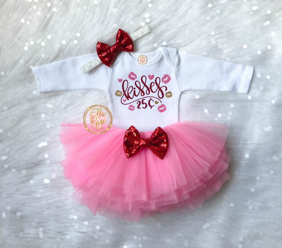 First Valentine's Day Girl Outfit / Kisses 25 Cents Baby Bodysuit / Baby Girl Valentine's Day ...